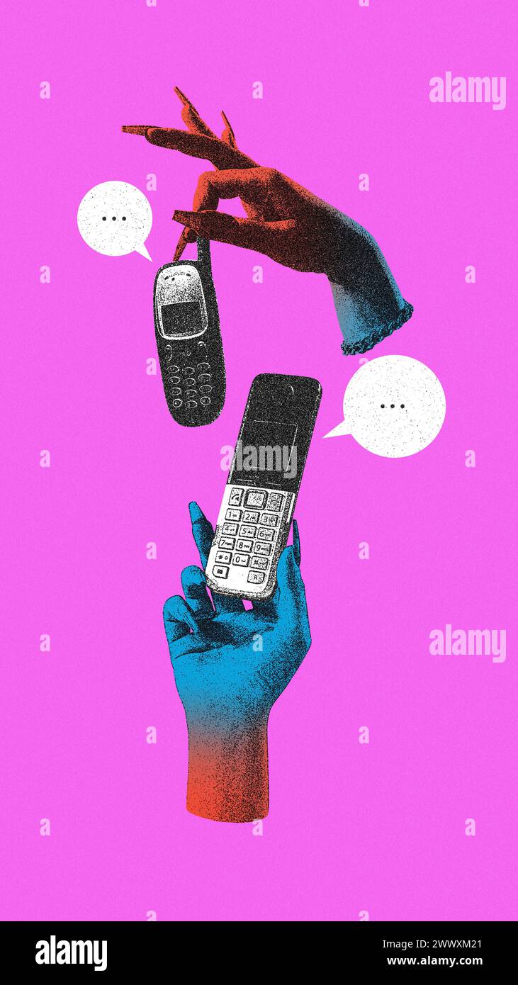 Female hands using retro mobile phones for communication on pink ...