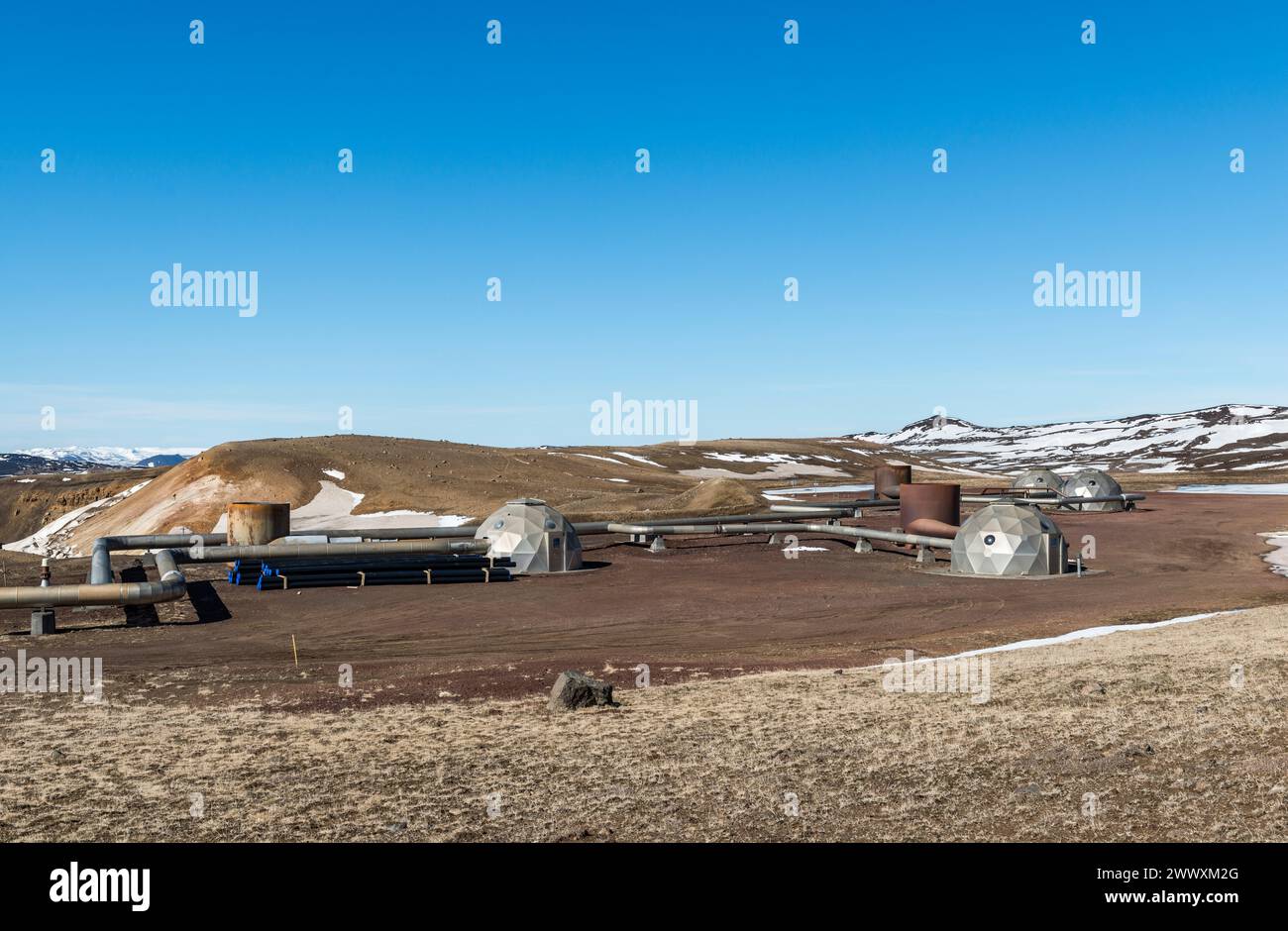 Near Myvatn, north-east Iceland. Boreholes on the side of the Krafla ...
