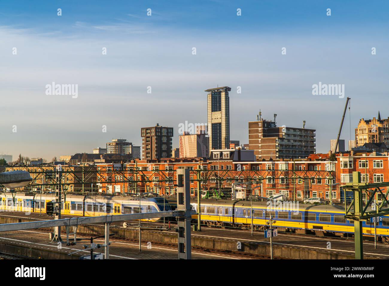 Tracks and trains at the central train station of the Hague ...