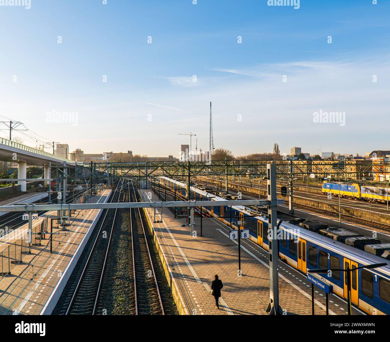 Tracks and trains at the central train station of the Hague ...