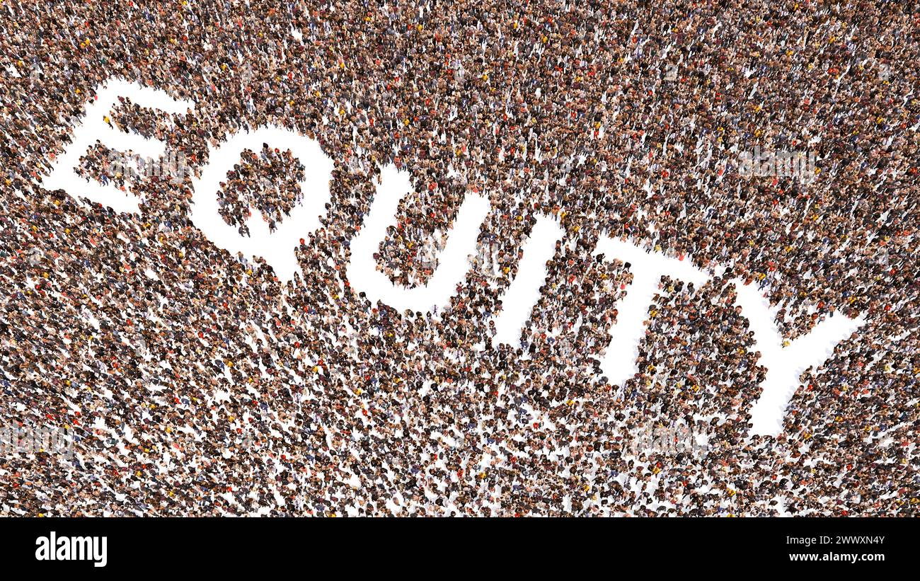 Concept or conceptual large community of people forming the word EQUITY ...