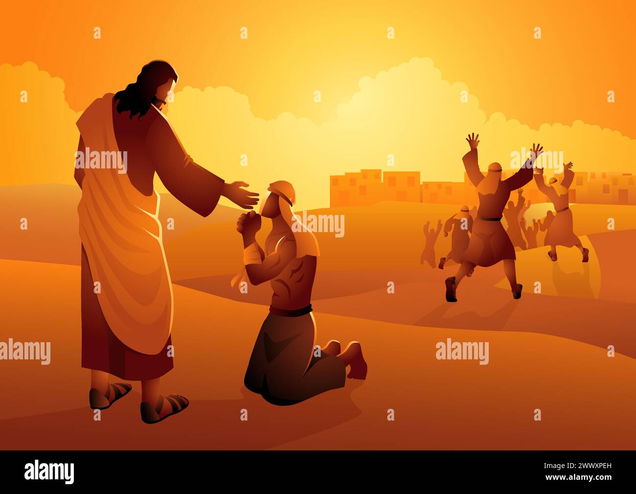 Biblical vector illustration series, Jesus heals ten lepers, only one ...