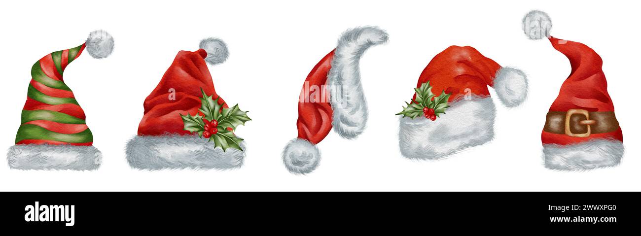 Watercolor Santa red hats. Christmas illustartion Stock Photo - Alamy