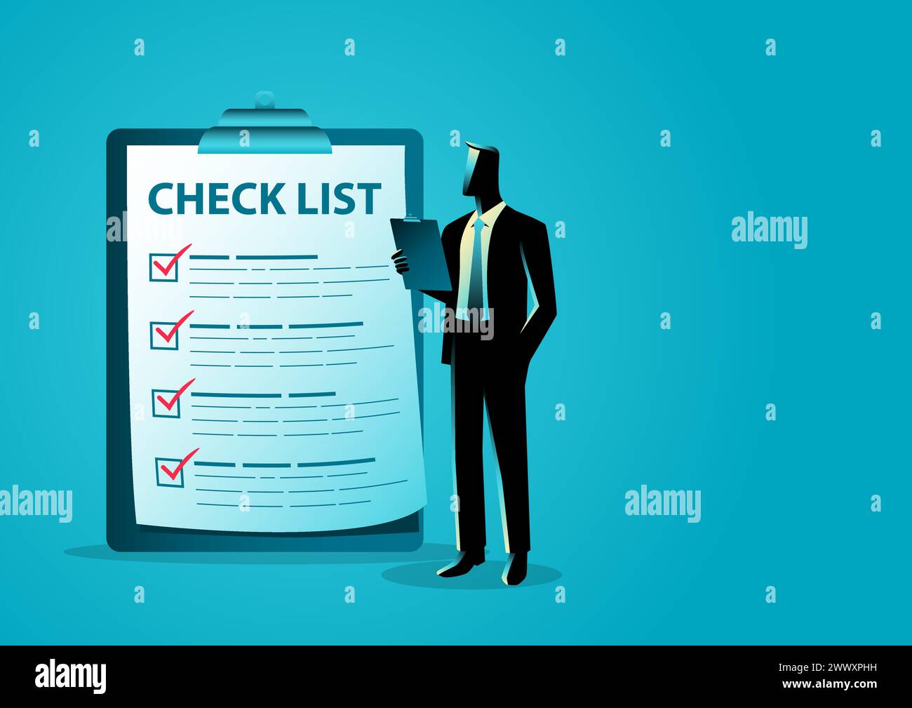 Businessman standing with check list icon, vector illustration, things ...