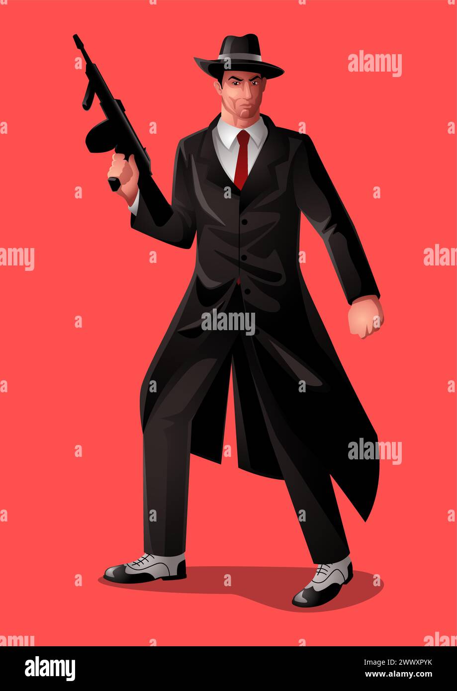 Illustration of a man holding machine gun, gangster, mobster, mafia ...
