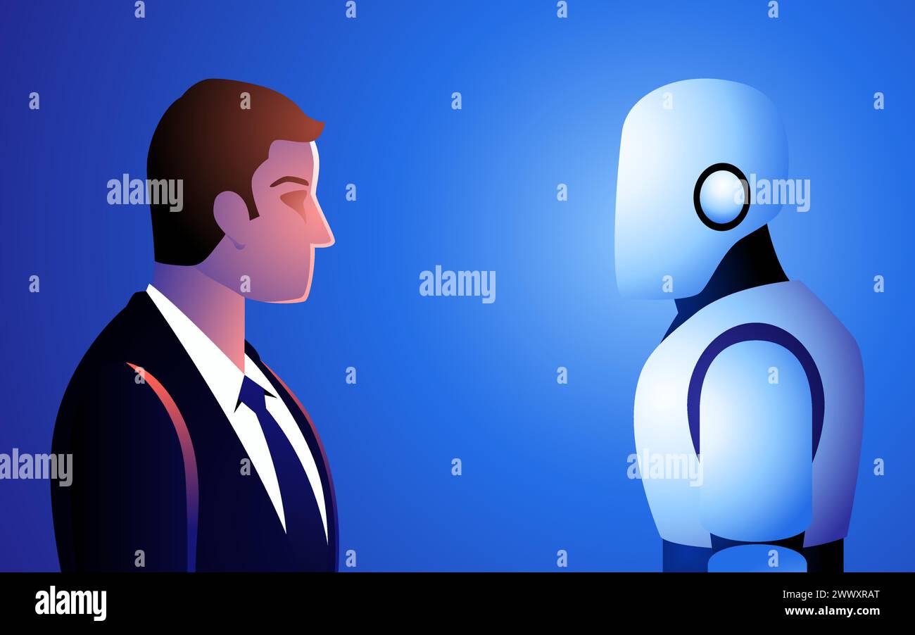 Businessman in a face-to-face encounter with a robot, captures the ...