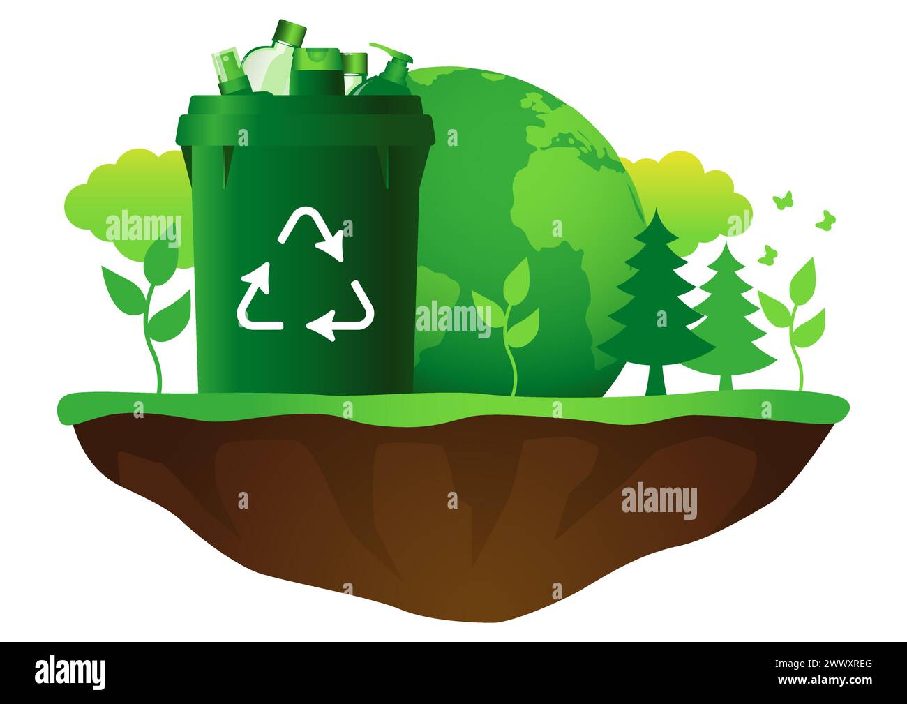 Eco consciousness image, recycle symbol trash bin full with plastic ...