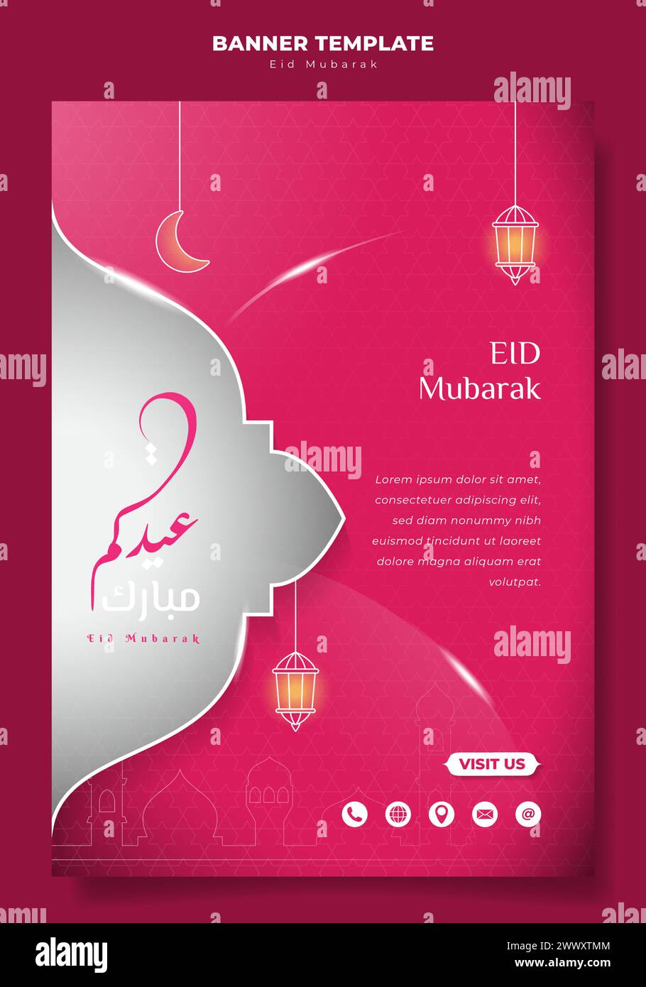 Portrait banner design with line art of lantern and moon design in pink ...