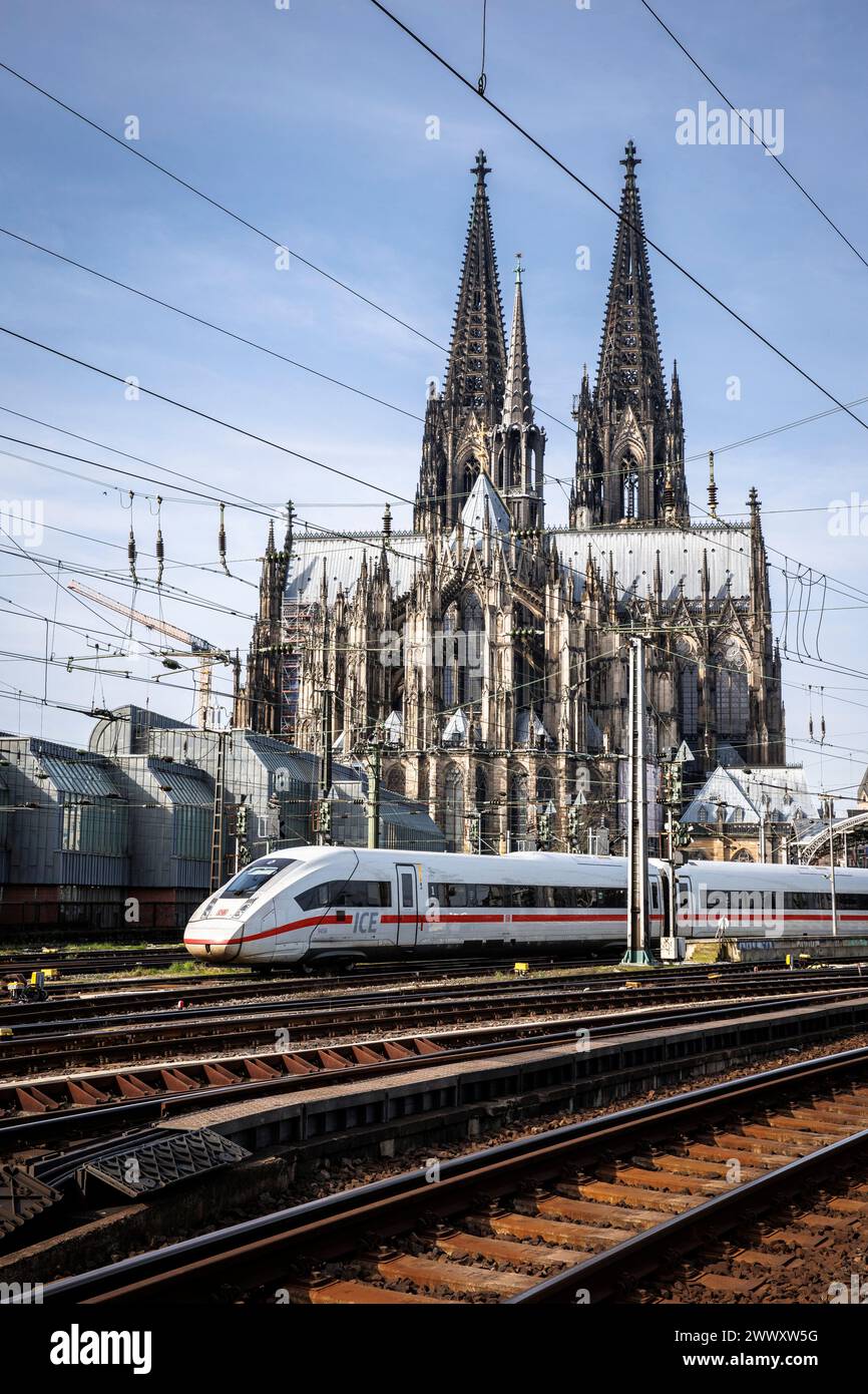 high-speed train ICE 4 leaving the central station, the cathedral ...