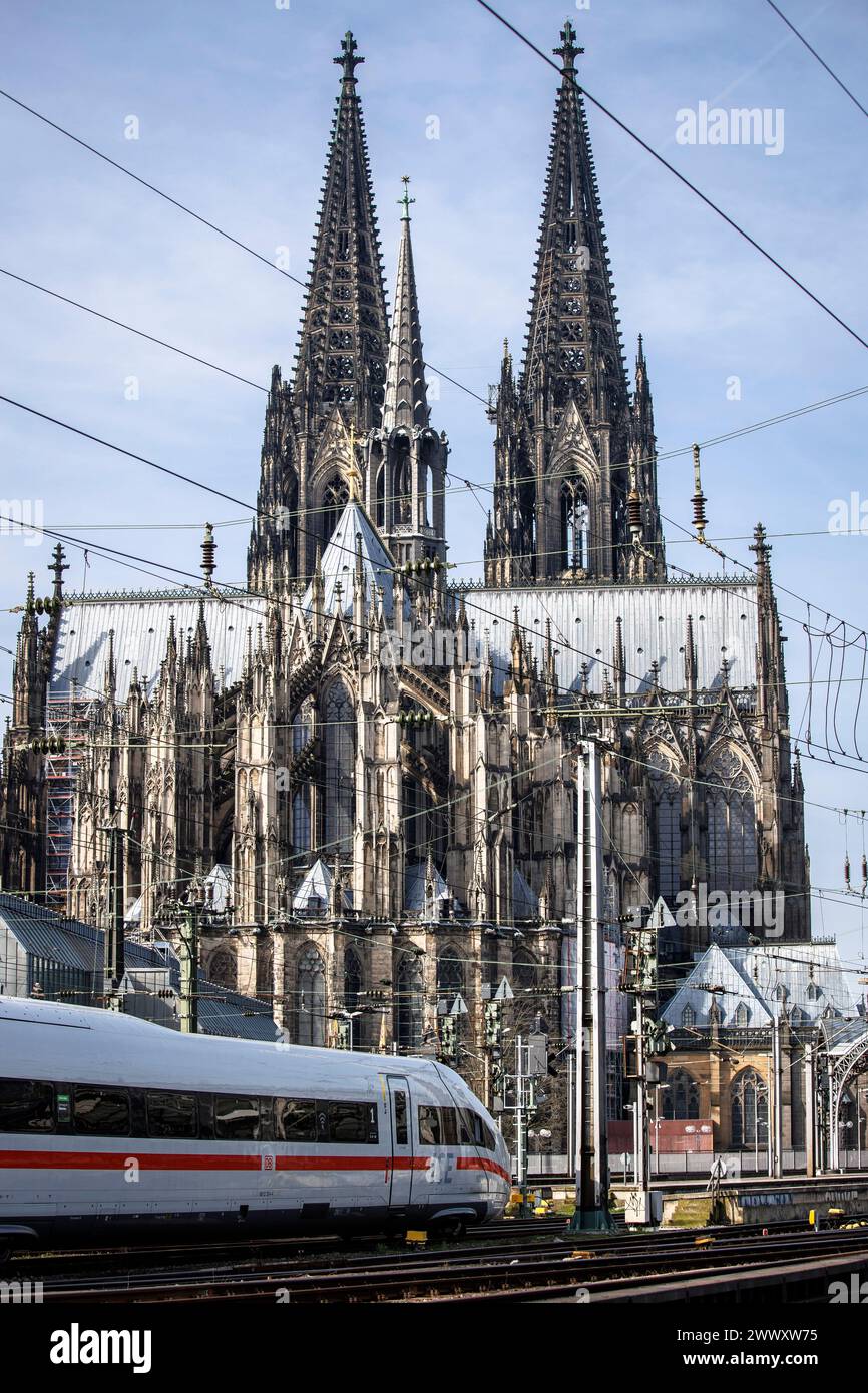 high-speed train ICE 4 arriving at central station, the cathedral ...