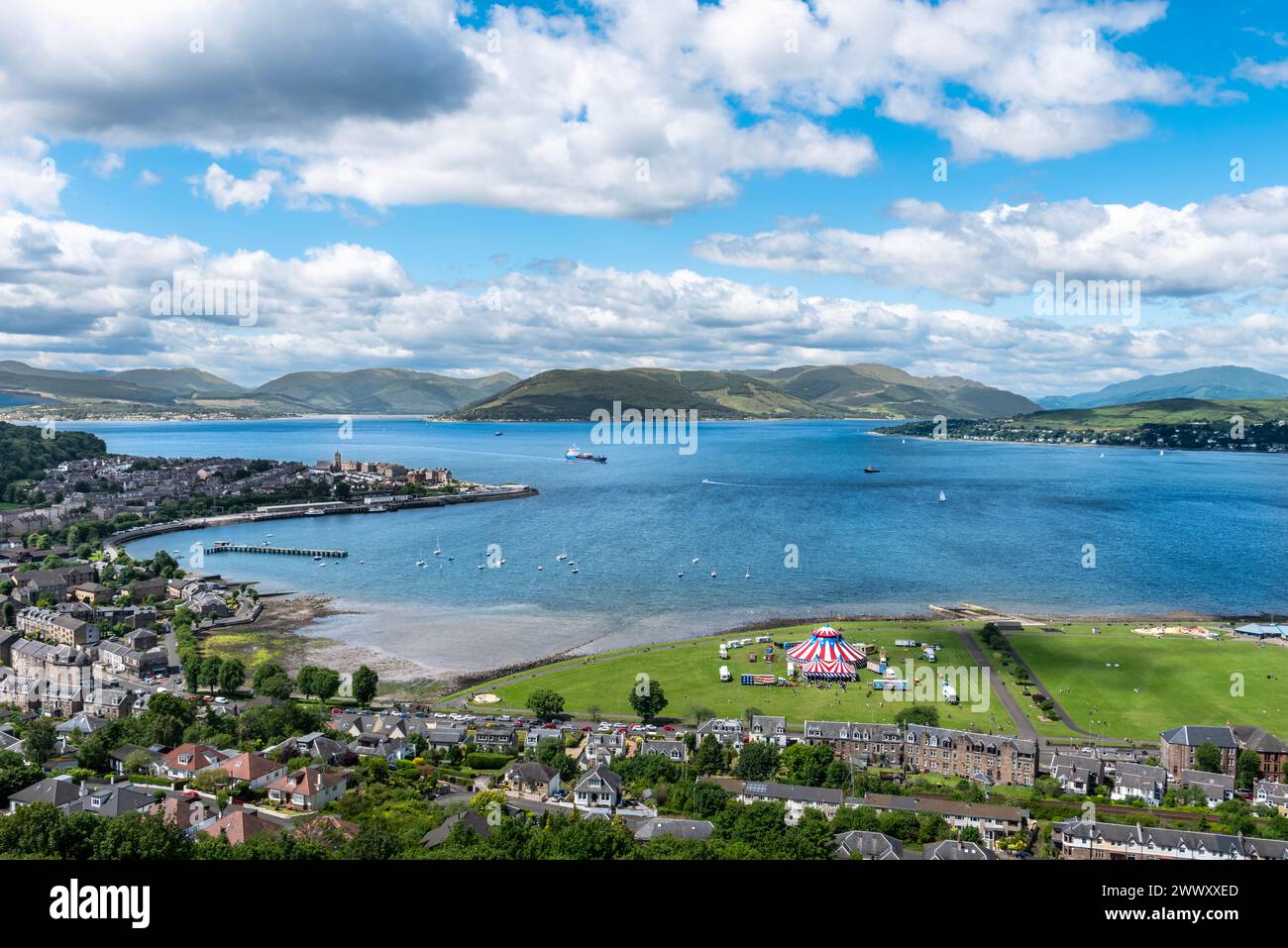 River Clyde and Battery Park Gourock in the foreground with circus tent ...