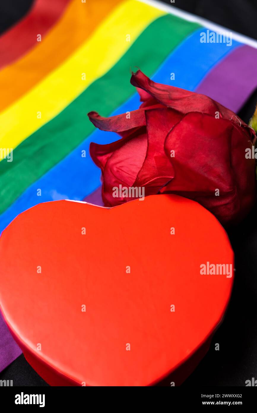 Lgbt wedding concept. Red rose with little heart box on lgbtq rainbow ...
