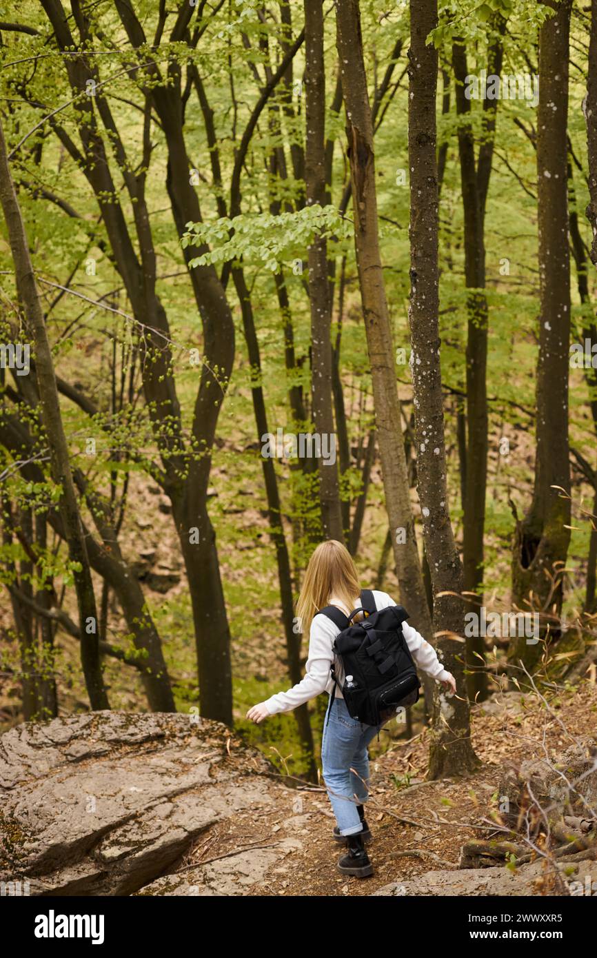 Back view of woman hiker with backpack walking through a forest for ...