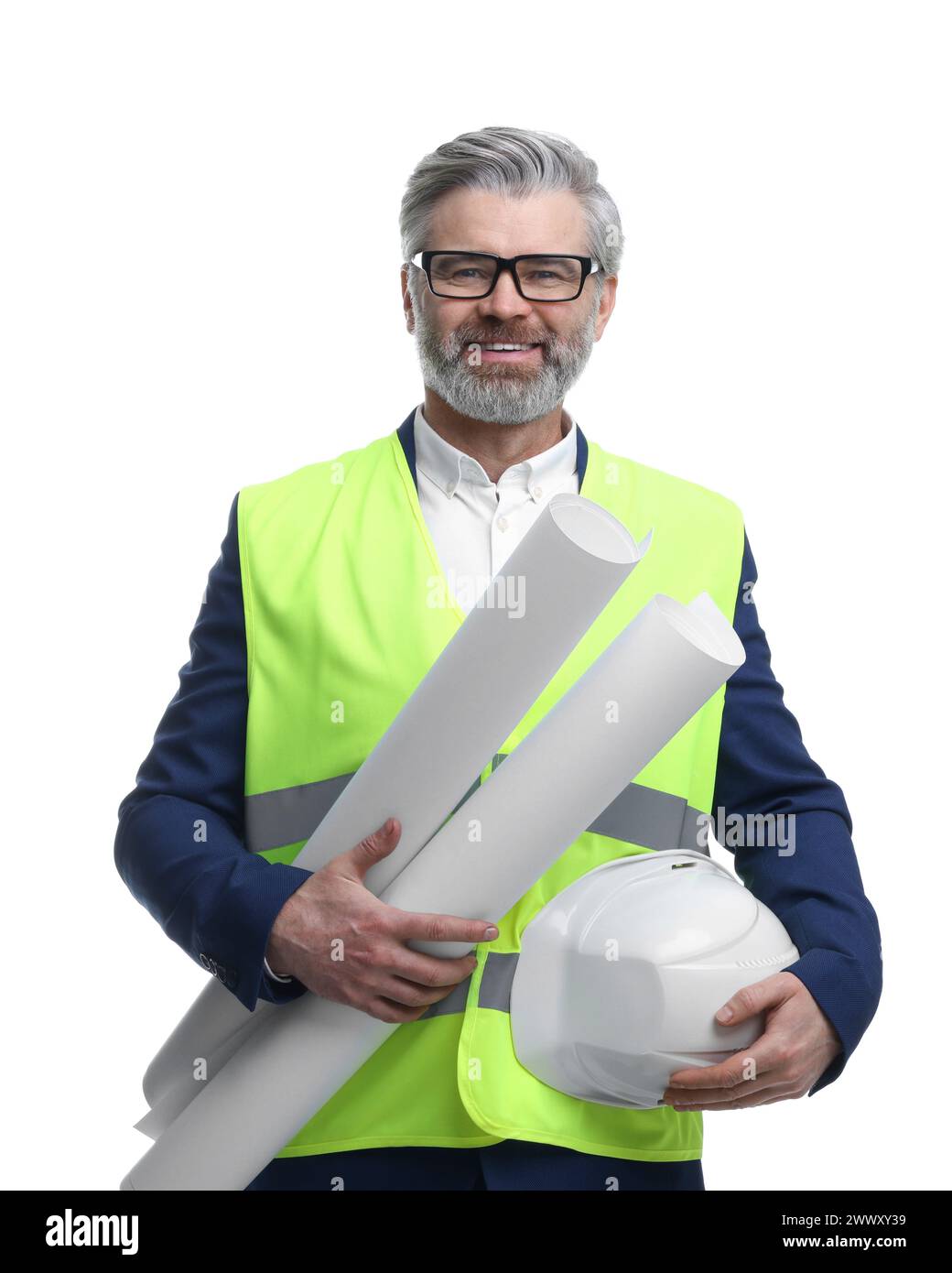 Architect with hard hat and drafts on white background Stock Photo - Alamy