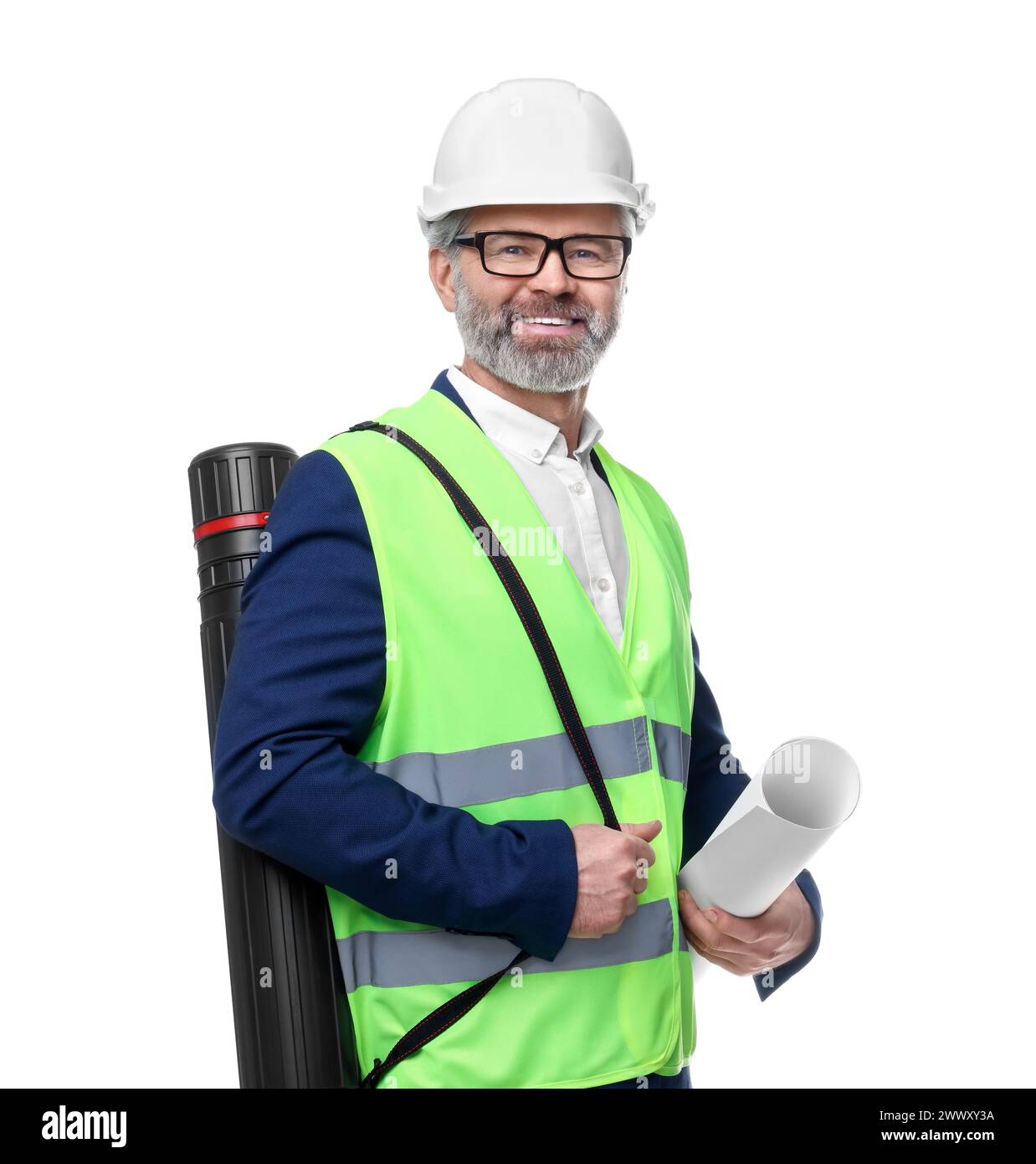 Architect in hard hat holding draft on white background Stock Photo - Alamy