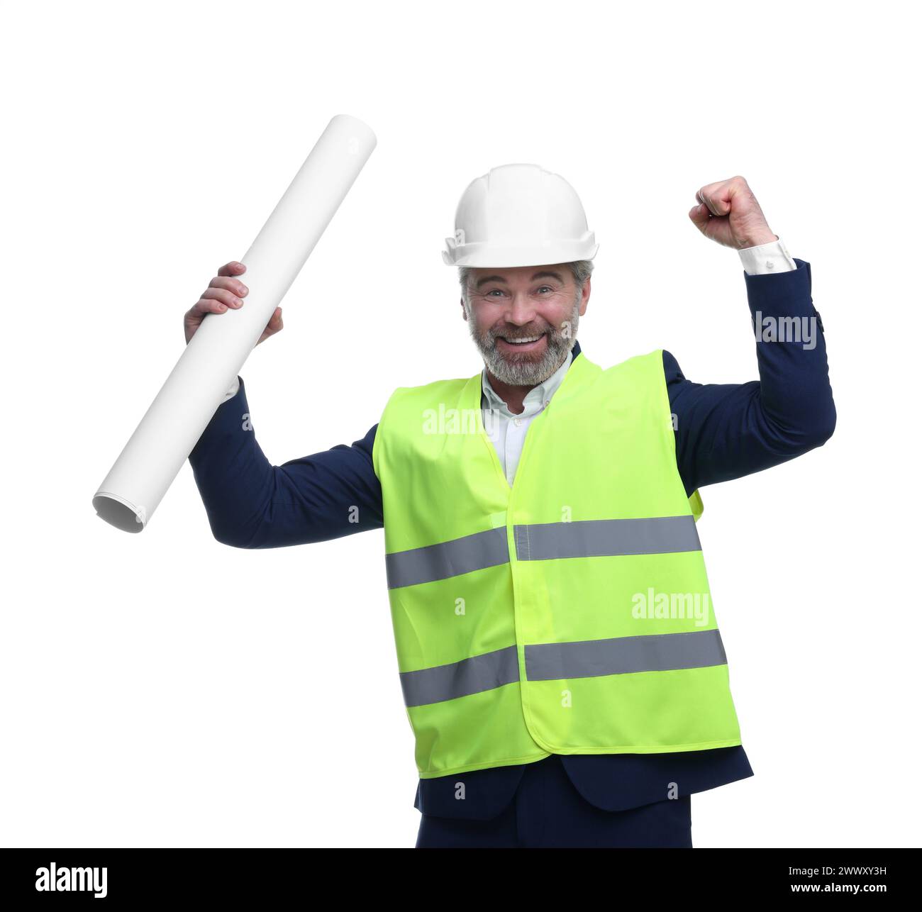 Architect in hard hat holding draft on white background Stock Photo - Alamy