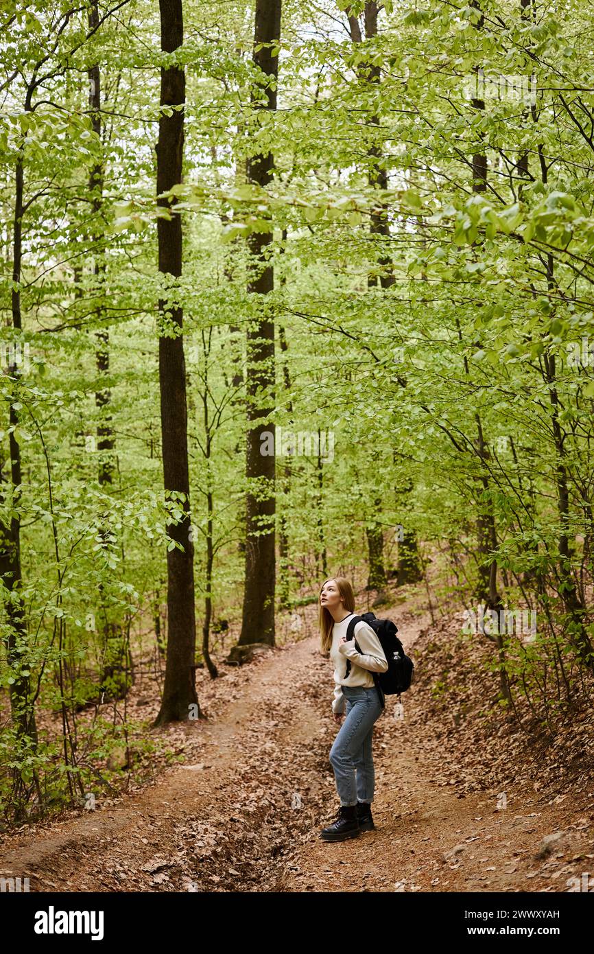 Calm relaxed blond girl hiking walking in green forest wearing sweater ...