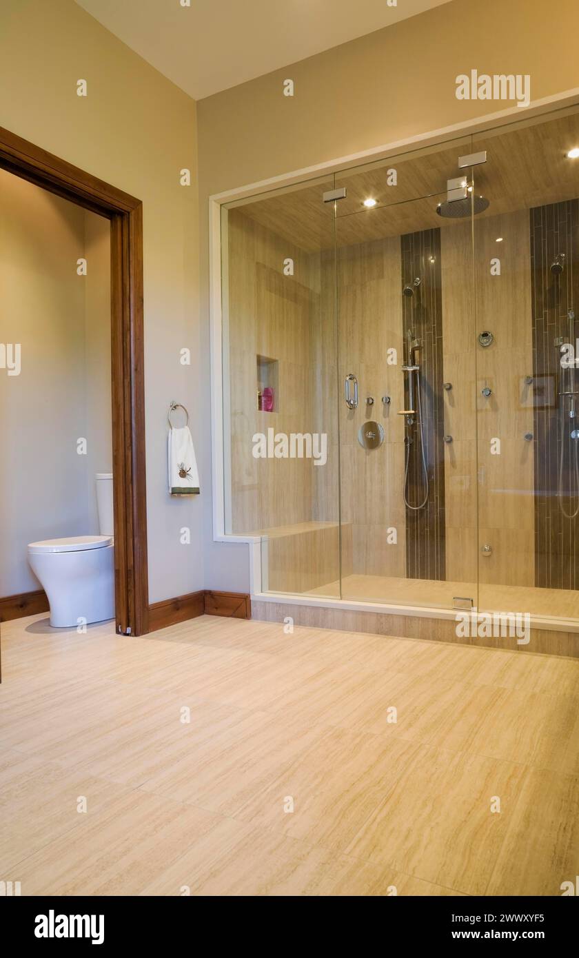 Main bathroom with double steam glass shower stall and toilet room in ...