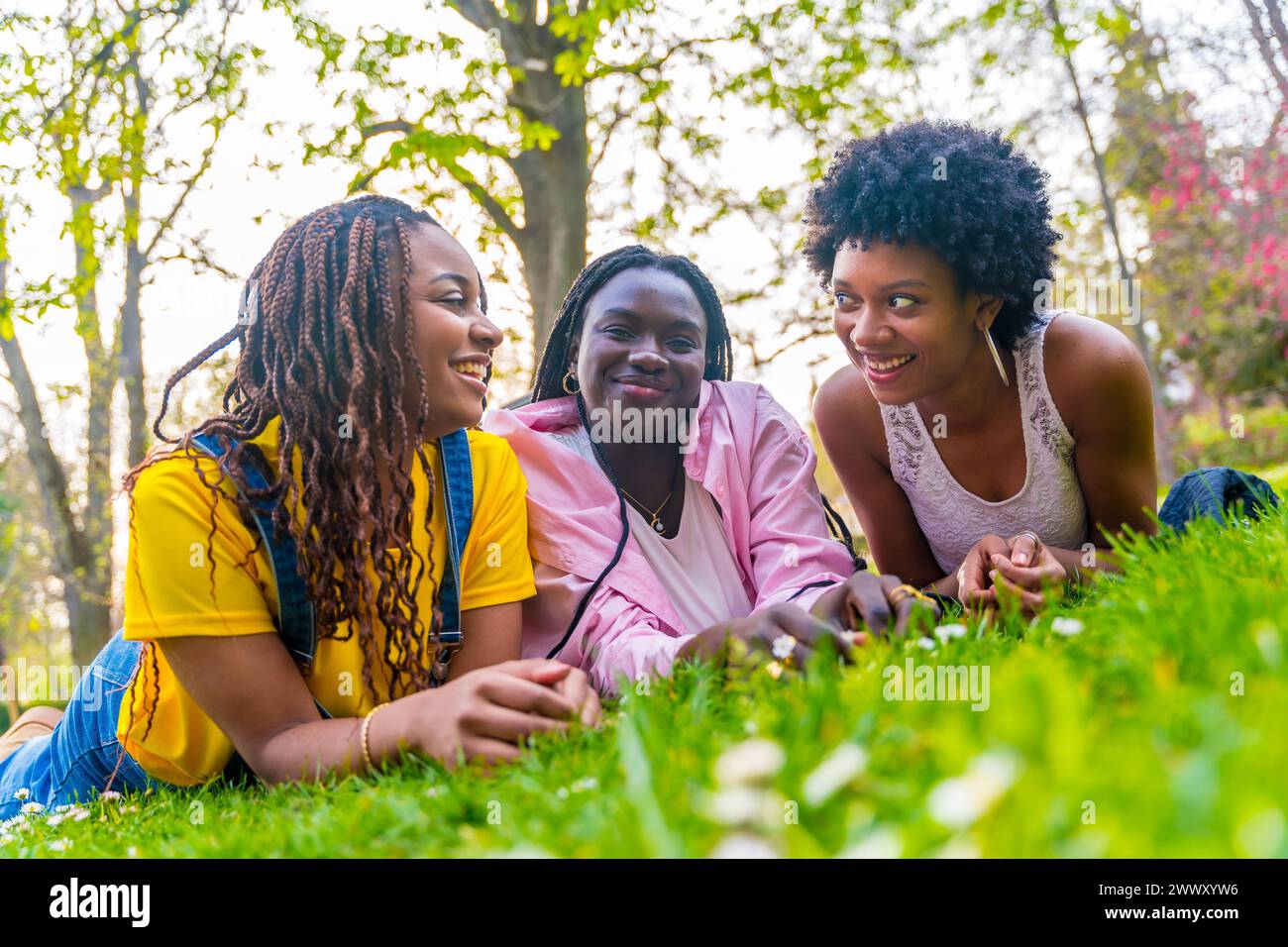 Three adult friends lying hi-res stock photography and images - Alamy