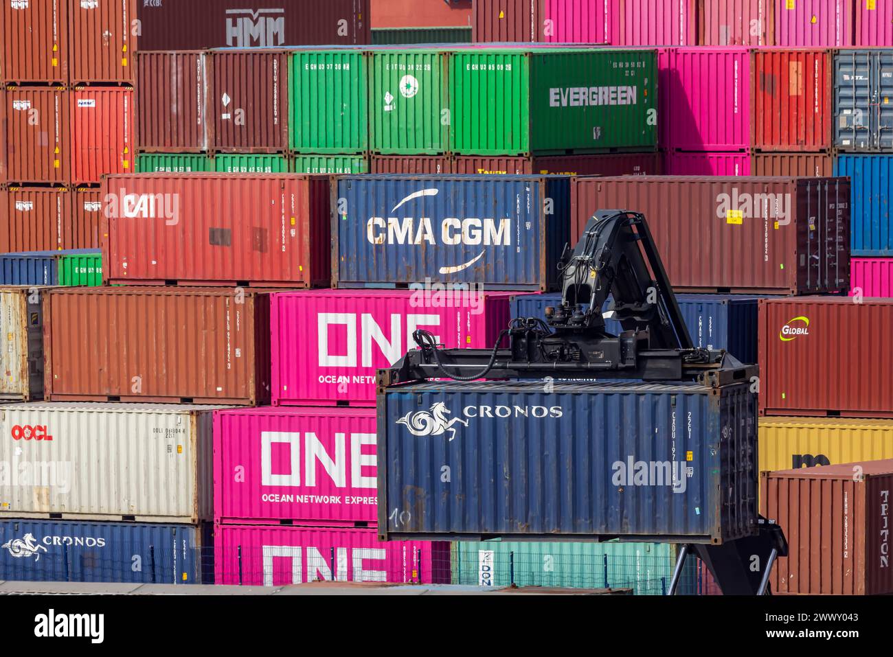 Container terminal in the port of Mannheim, sea containers are stacked ...