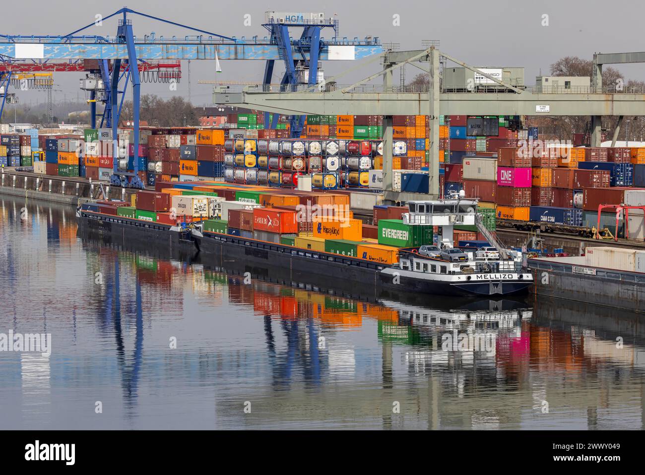 Container terminal in the port of Mannheim, sea containers are stacked ...