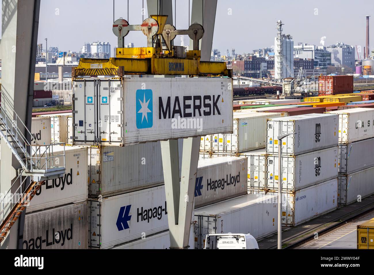 Container terminal in the port of Mannheim, sea containers are stacked ...