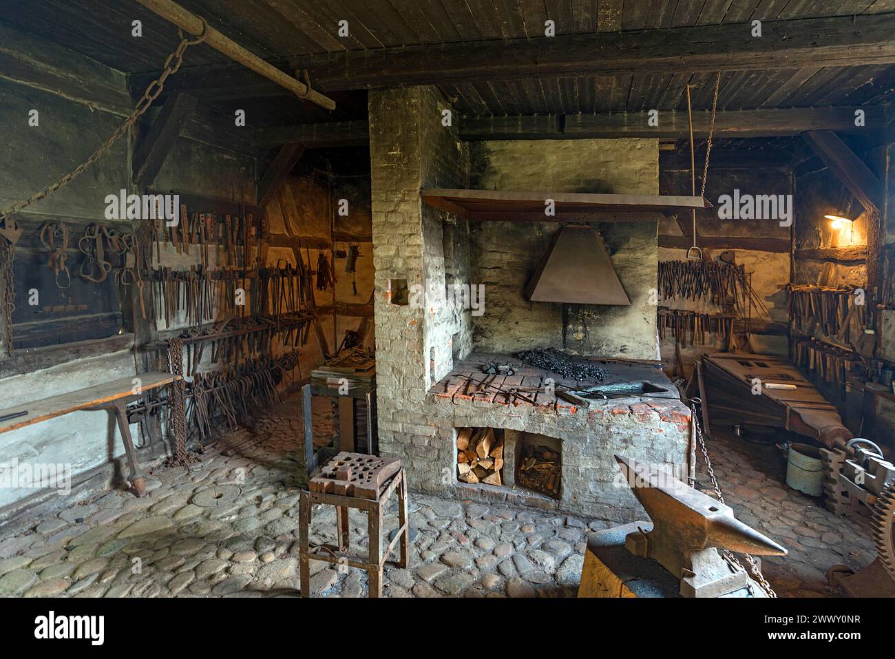 Village smithy with forge from the 19th century, open-air museum for ...