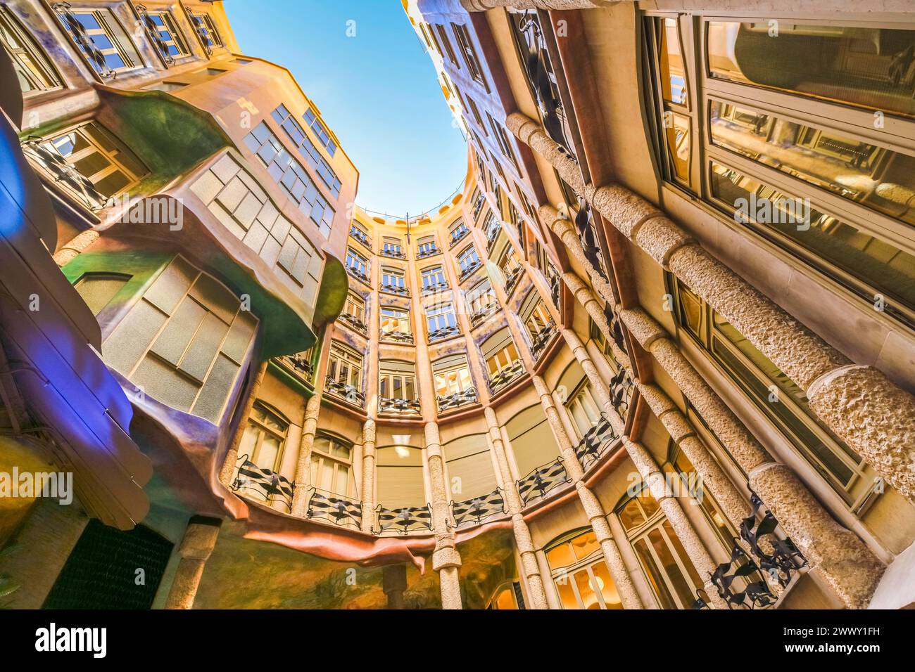 Inner courtyard, La Pedrera, Casa Mila, Barcelona, Catalonia, Spain ...