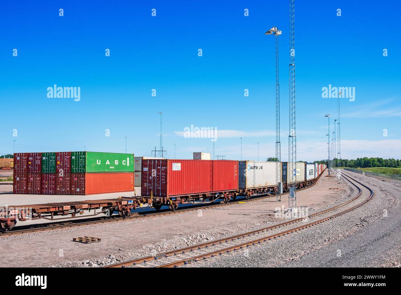Railway wagons with containers on a loading area Stock Photo - Alamy