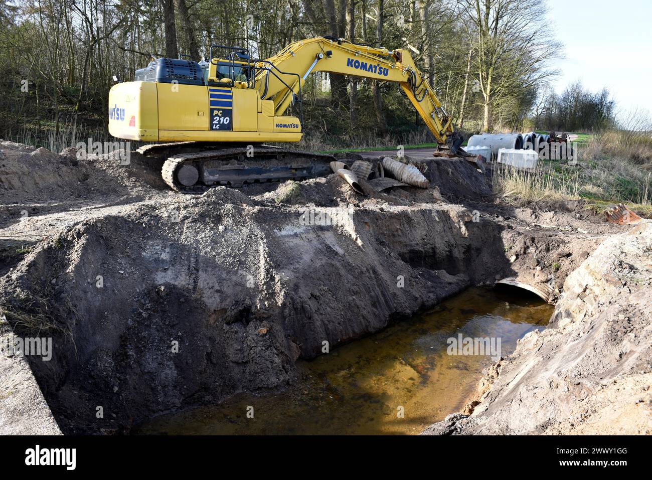 Construction site, road damage with tracked excavator, Schleswig ...