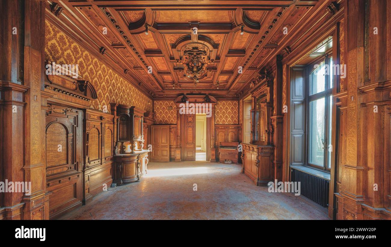 Panelled old building room with high wooden ceilings and detailed ...