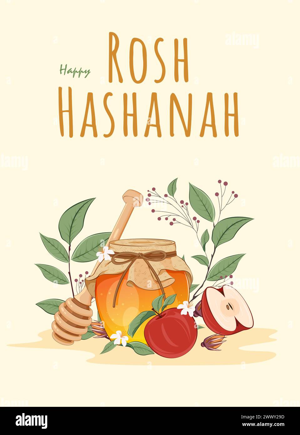 Rosh Hashanah Poster Design with a Jar of Honey, Apple and Pomegranate. Jewish New Year Template ...