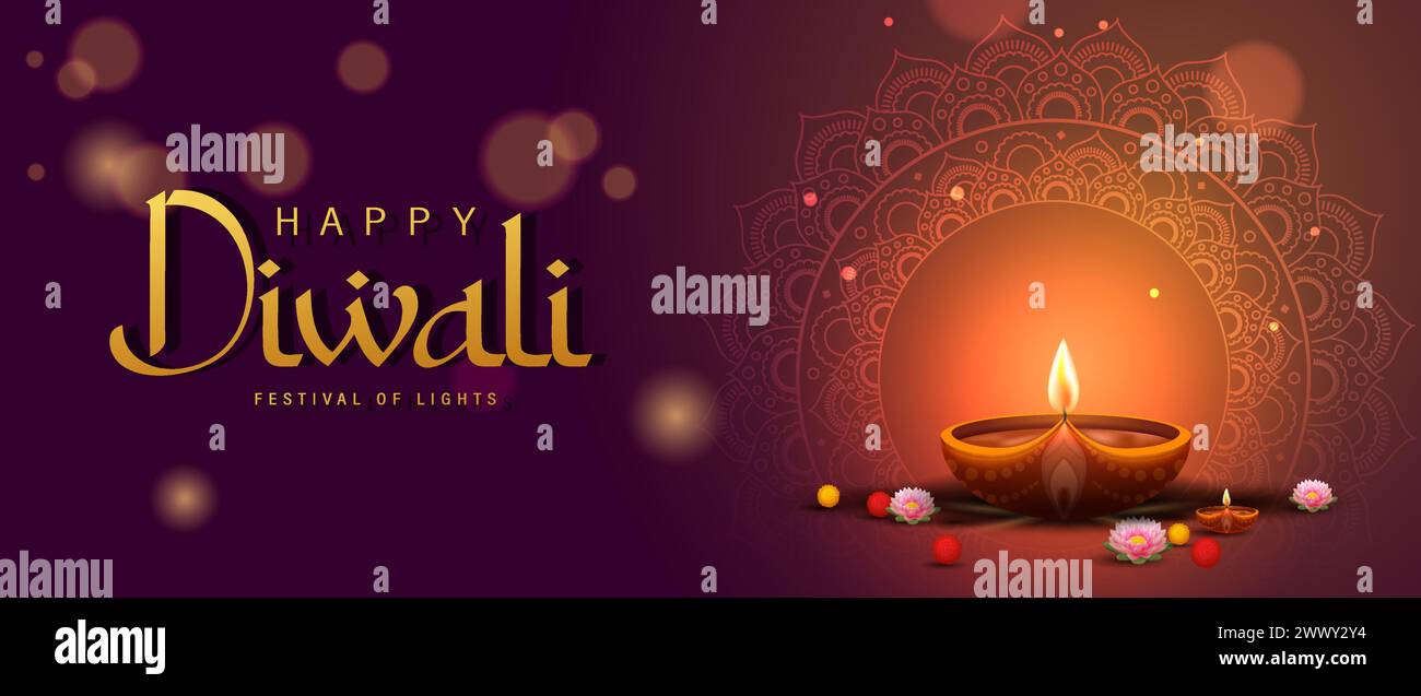 Happy Diwali Poster with Diya Lamp and Peacock Vector Illustration ...