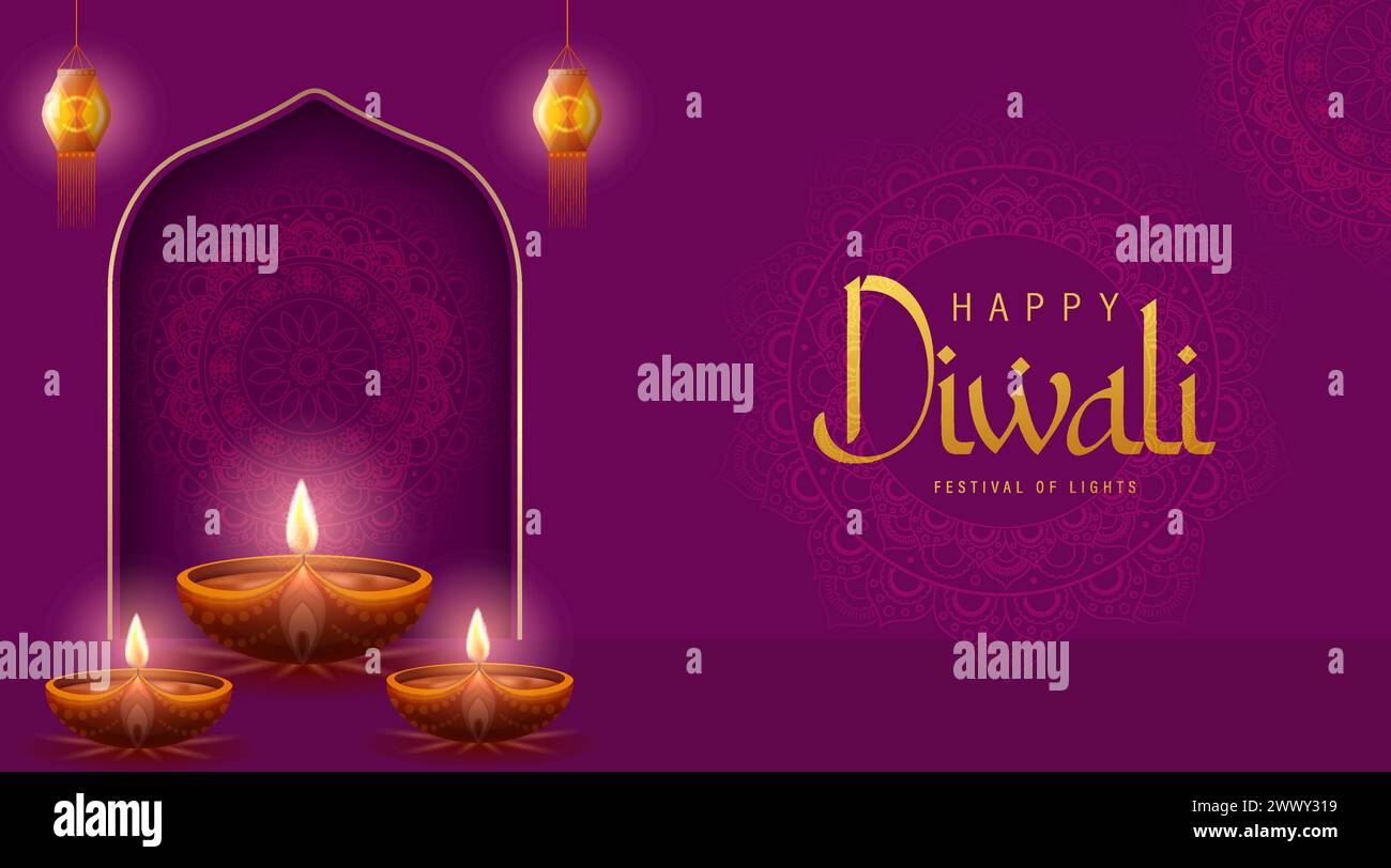 Happy Diwali Poster with Diya Lamp and Peacock Vector Illustration ...