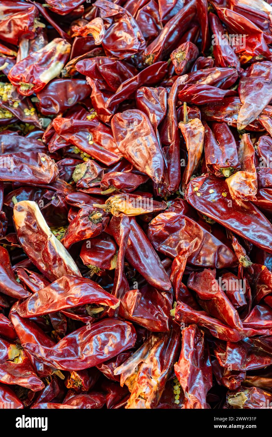 Group of dried fat chilli in supermarket. Spicy to eat Stock Photo - Alamy