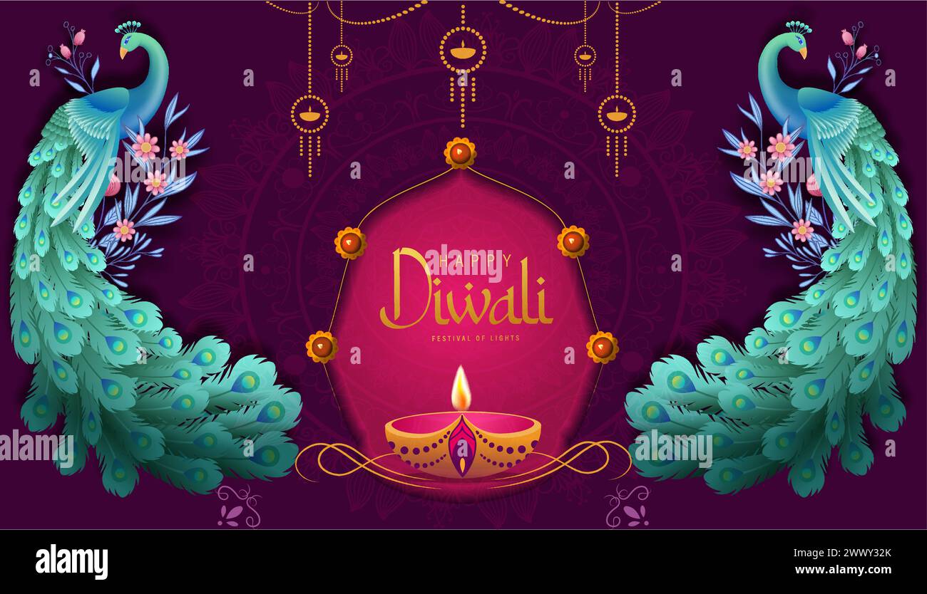 Happy Diwali Poster with Diya Lamp and Peacock Vector Illustration ...