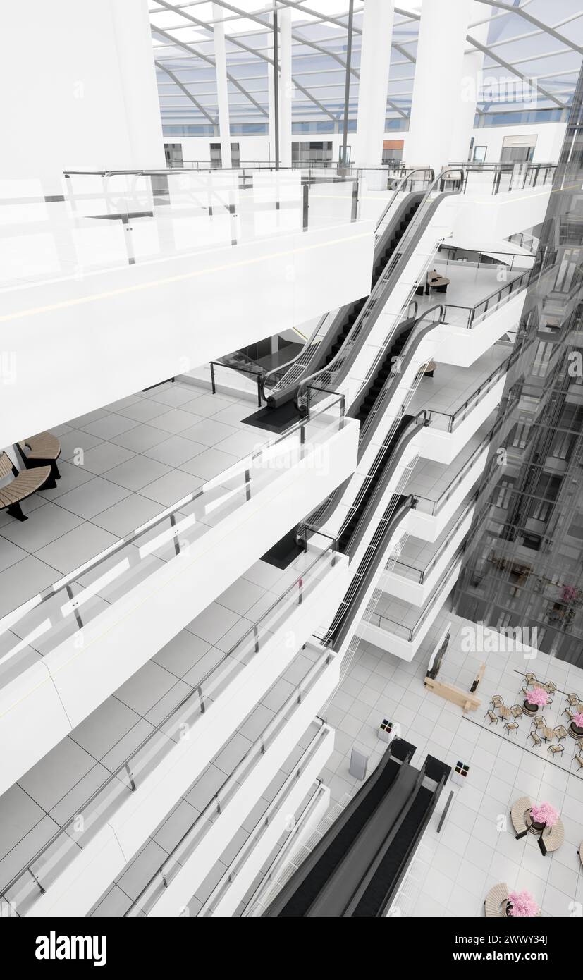 escalators at the modern shopping mall. 3D design render Stock Photo ...