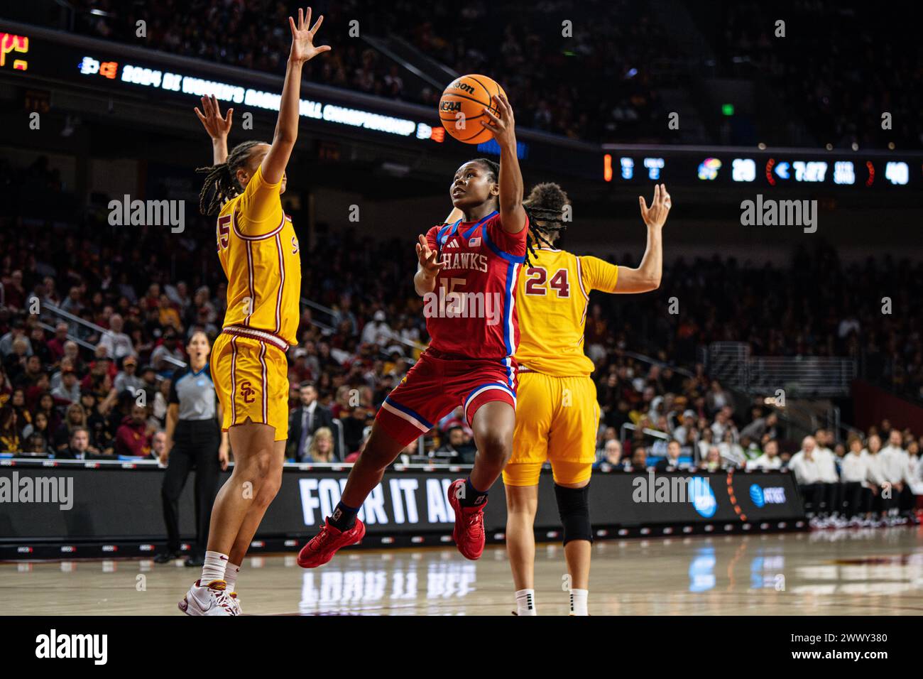 Kansas Jayhawks guard Zakiyah Franklin (15) shoots over USC Trojans ...