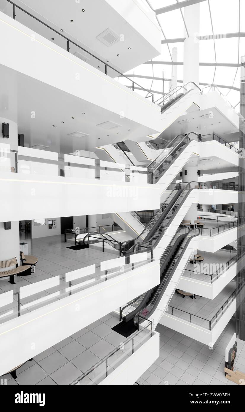 escalators at the modern shopping mall. 3D design render Stock Photo ...