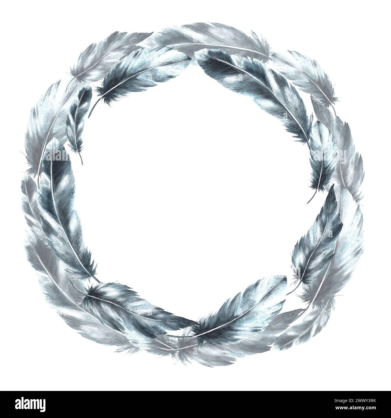Watercolor monochrome wreath, circular frame. Bird gray feathers with ...