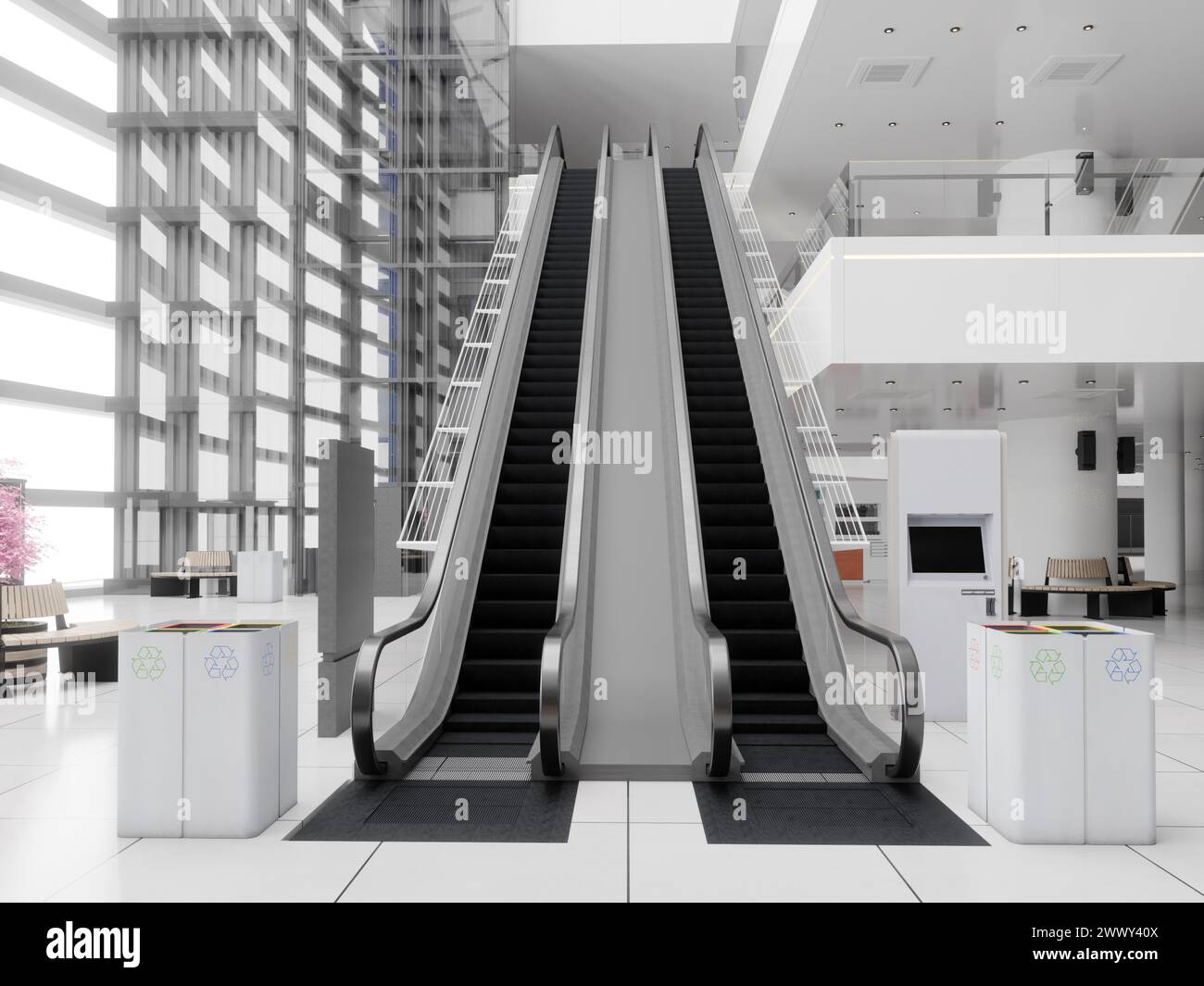 escalators at the modern shopping mall. 3D design render Stock Photo ...