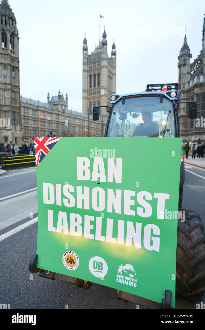 A farm vehicle displays a placard saying ëBan Dishonest Labellingí ...