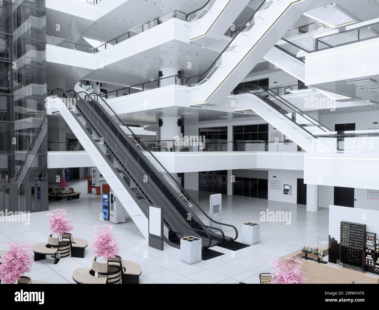 escalators at the modern shopping mall. 3D design render Stock Photo ...