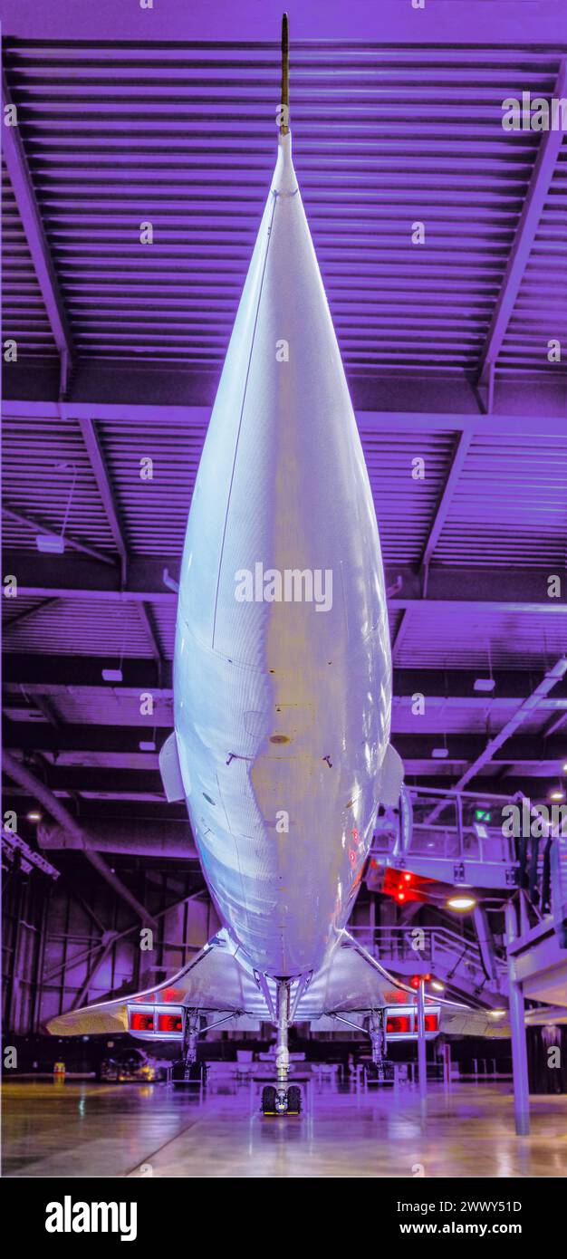 Streamlined underside of Concorde supersonic passenger jet aircraft in ...