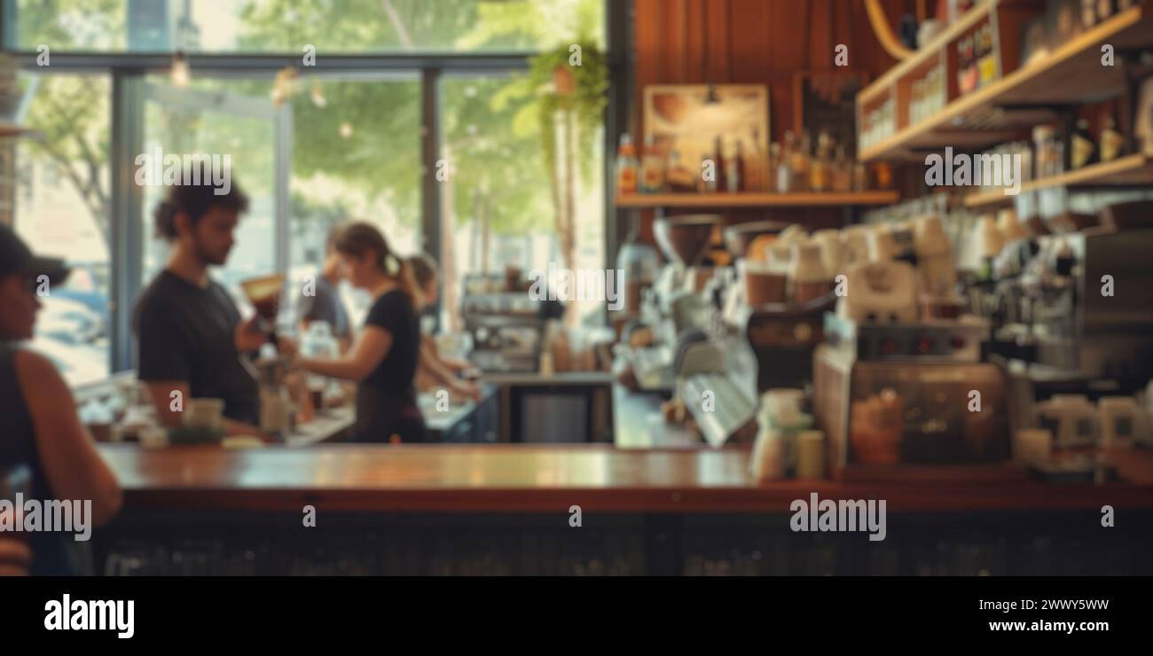 Blurred background of a busy coffee shop with patrons enjoying their ...