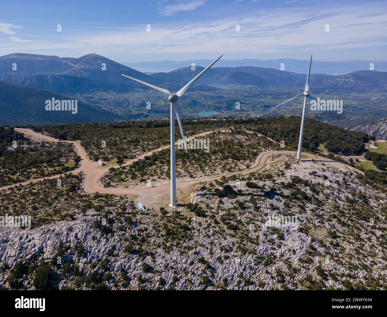Wind turbines above Fanari village,Troizinia,Greece Stock Photo - Alamy