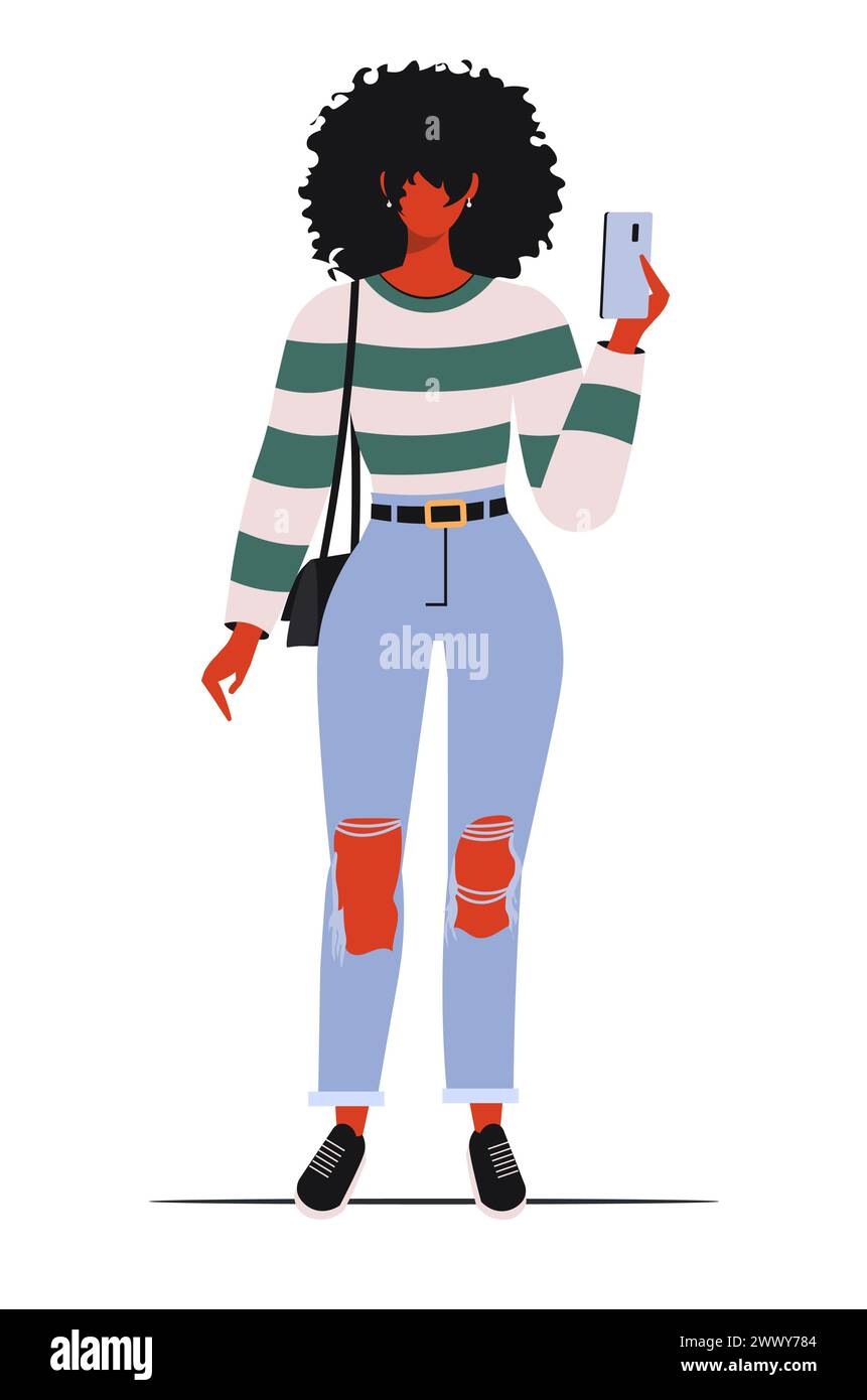 African-American woman in modern clothes with a phone in hand. Young ...