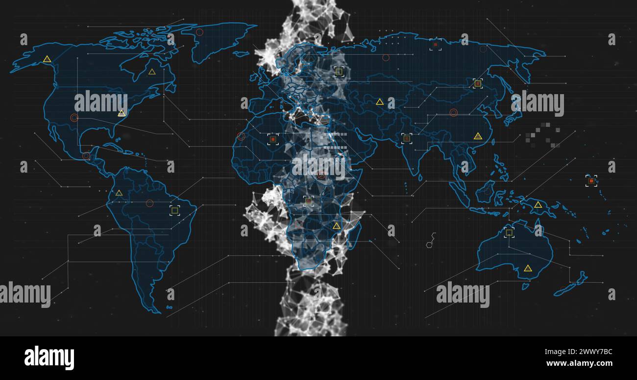 Image of dna strand over data processing and world map. Global science ...