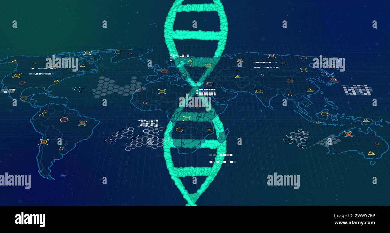 Image of dna strand over data processing and world map. Global science, research, connections ...
