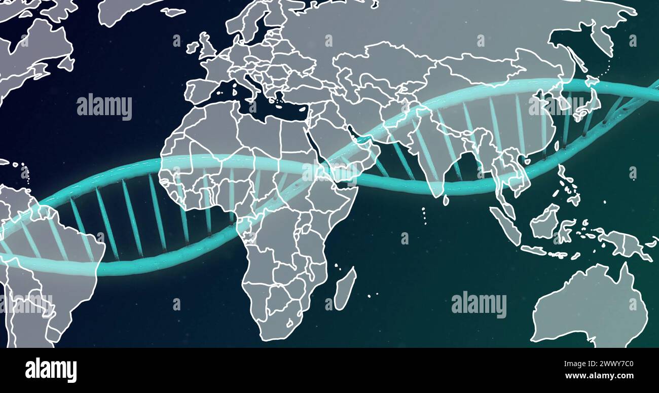 Image of dna strand over world map. Global science, research ...